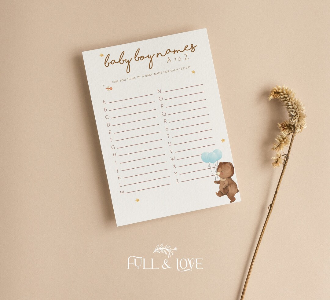 Baby Boy Names A-Z Baby Shower Game Cards | Name Alphabet | Teddy Bear ...