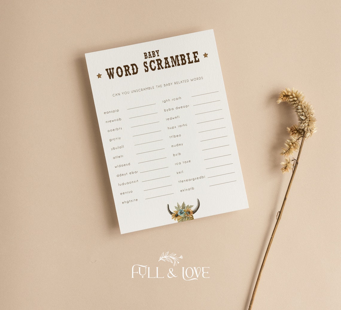 Cowboy Word Scramble Baby Shower Game , Western Advice & Wishes CW101 ...