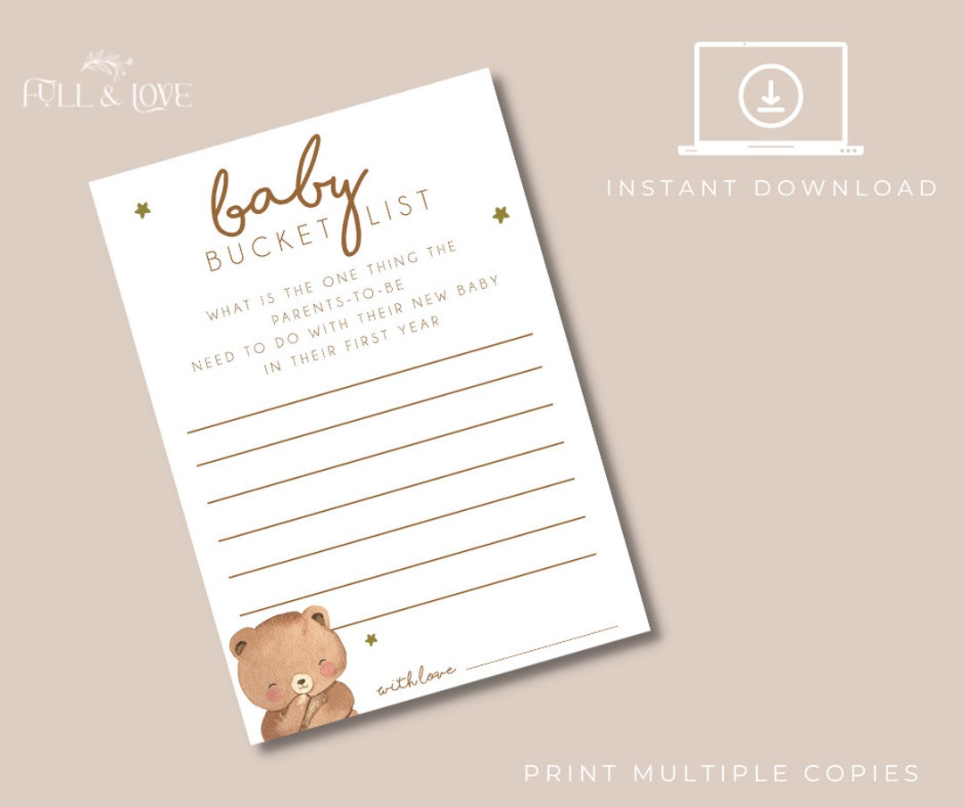 Teddy Bear Baby Bucket List Cards | Shower Game (digital Download) T101 ...