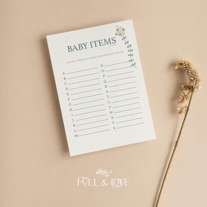 Baby Items A-Z Baby Shower Game Cards | Name Alphabet | up up and Away ...