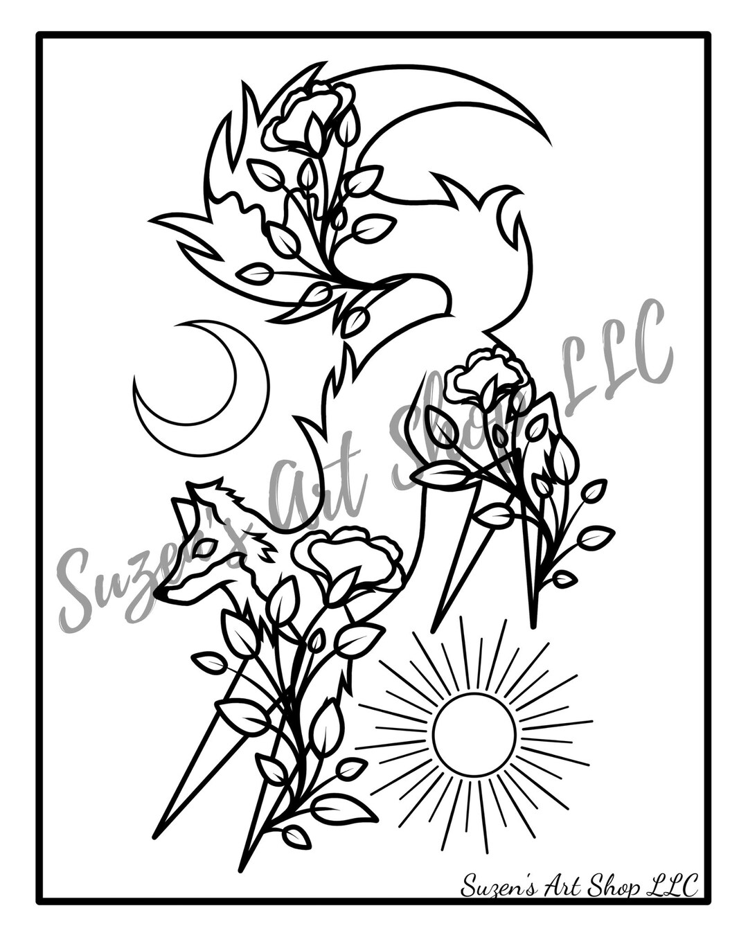 Sun and Moon Jumping Fox 8×10-inch Digital Coloring Page - Etsy