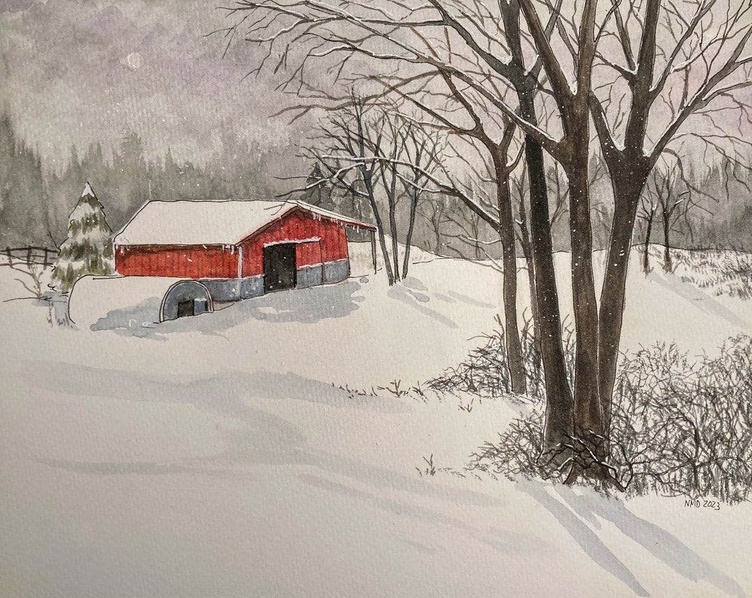 January Snow / Snow Scene / Winter Landscape / Original Watercolor ...