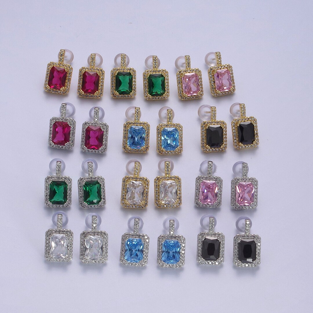 Rectangular Crystal Gemstone Stud Earrings Black, Blue, Green, Pink ...