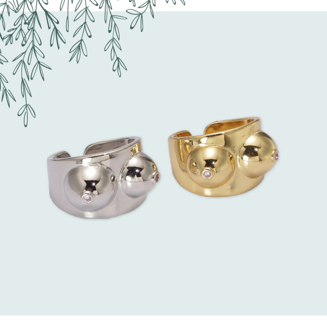 Novelty Boobs Stack Ring With Pink CZ Cubic Zirconia, Gold or Silver ...