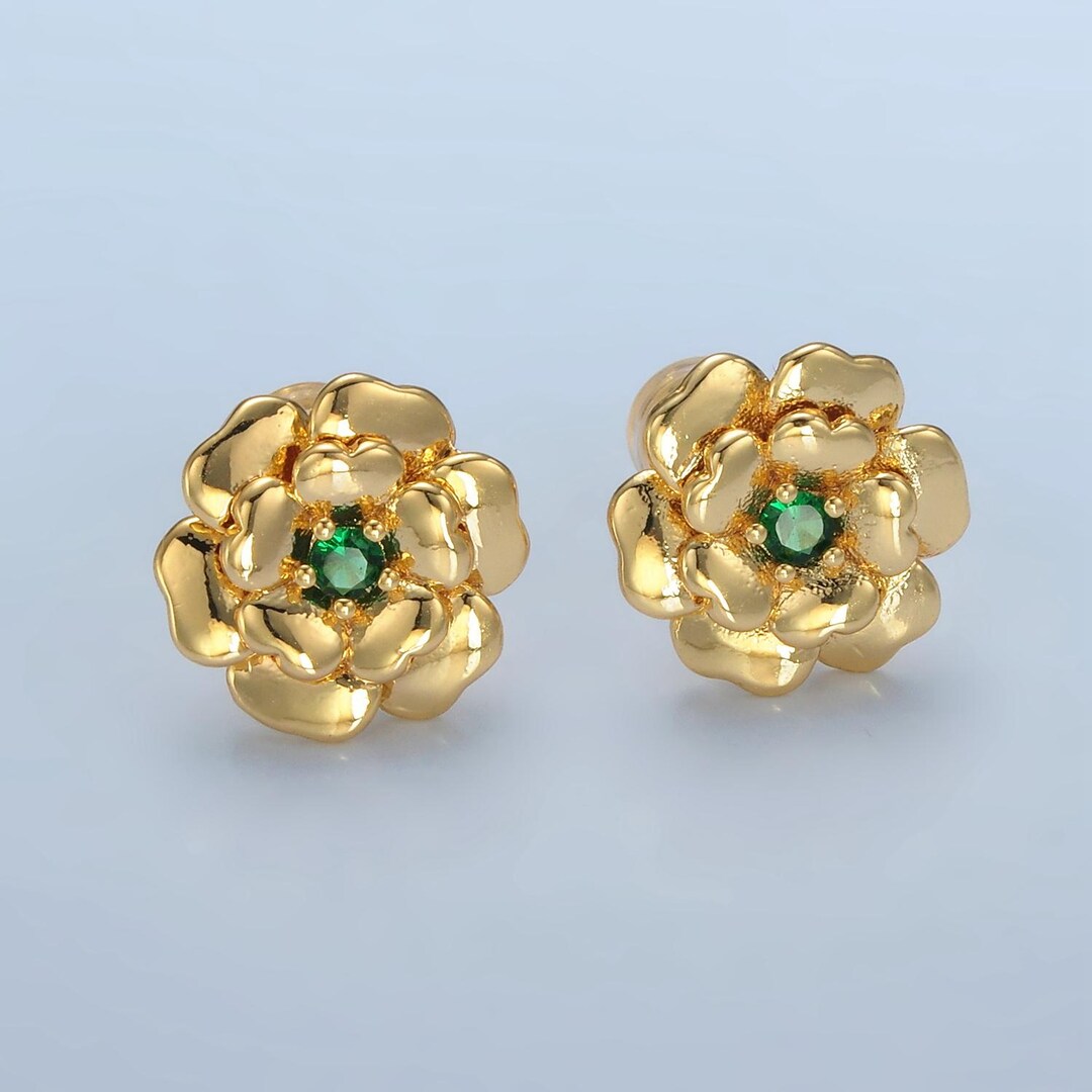 Flower Stud Earrings With Green CZ Cubic Zirconia Crystal, Dainty 24K ...
