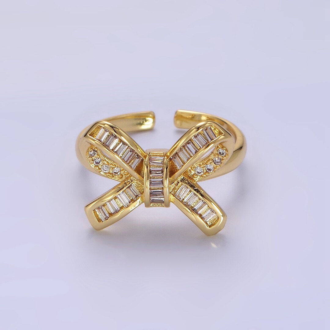 24K Gold Filled Bow Ribbon Design Ring With Clear Baguette Cut CZ Cubic ...