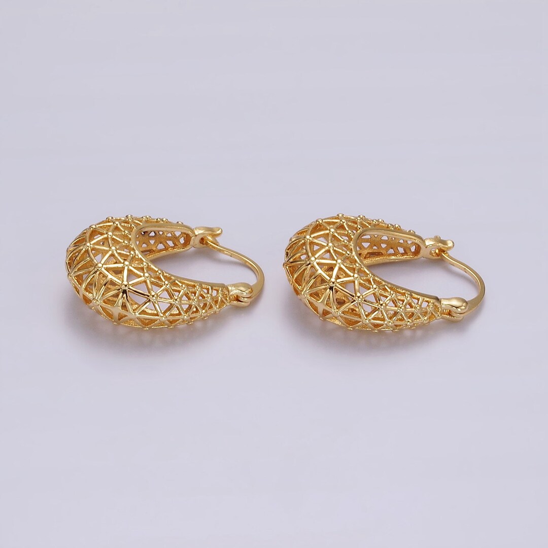Triangle Truss Design Filigree Cradle Dome Hoop Earrings, French Lock ...