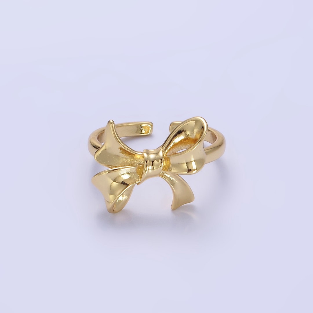 Gold Ribbon Bow Design Ring, Modern Open Adjustable 24K Gold Filled ...