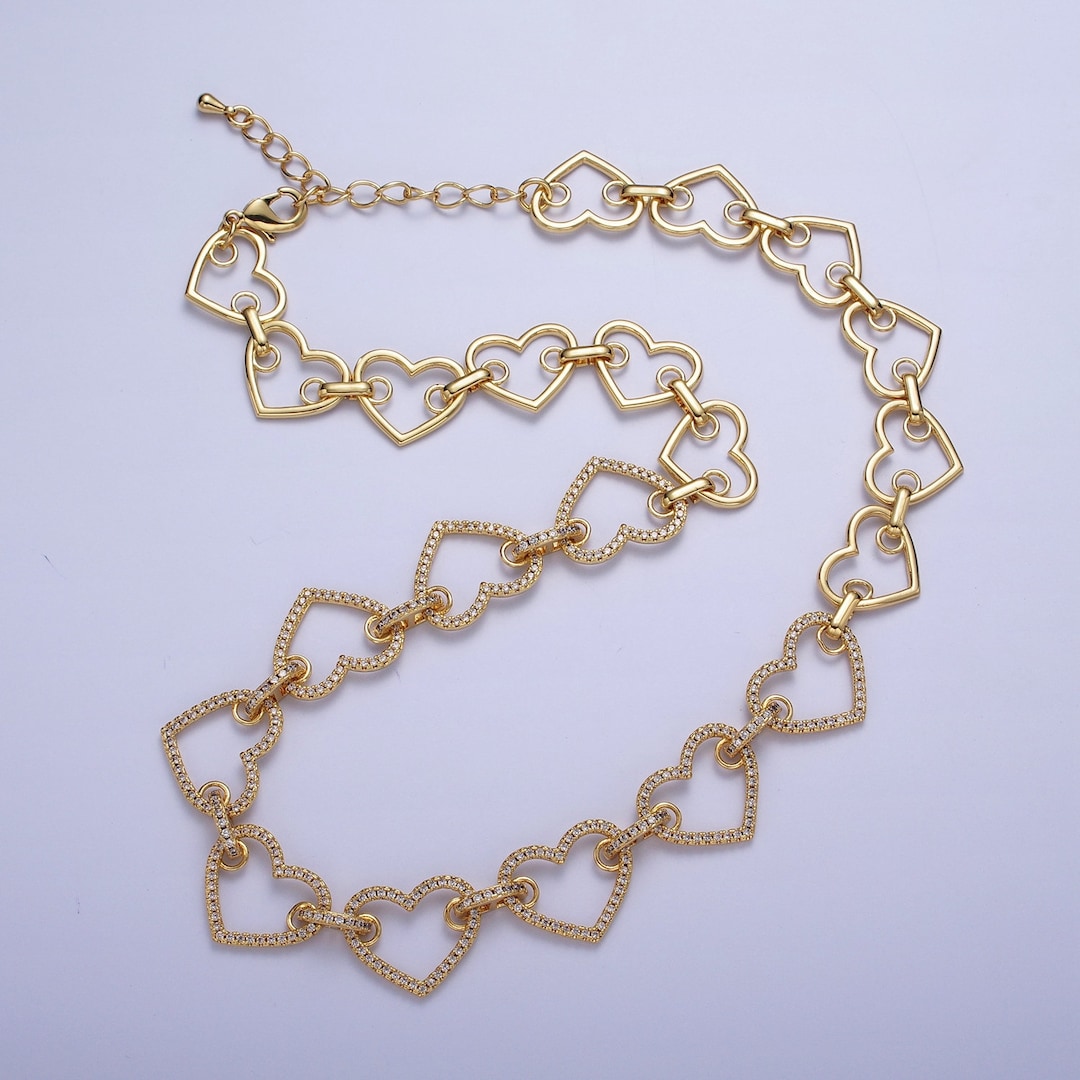 24K Gold Plated Linked Hearts Chain Necklace Supply for Jewelry Making ...
