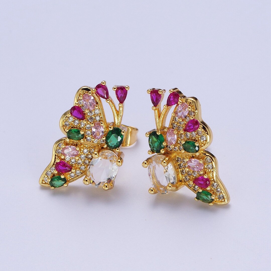 Multicolor Crystal Butterfly Design Stud Earrings, Micro Pave CZ Cubic Zirconia, Large Gold ...