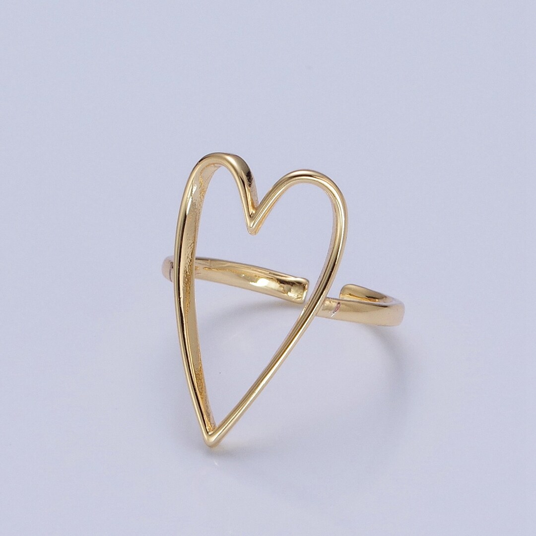 Large Heart Outline Ring, Open Adjustable Gold Plated Minimalistic Band ...