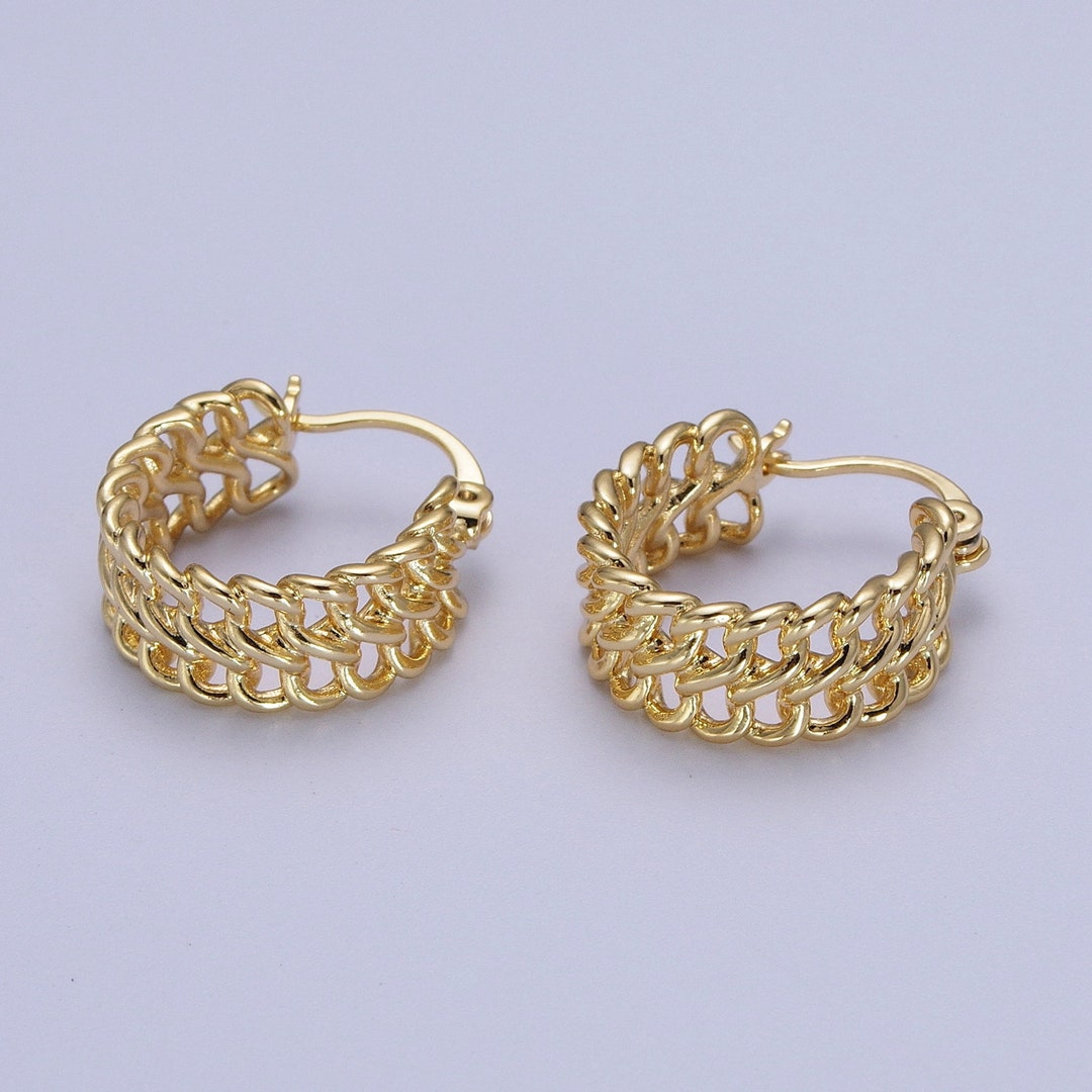 14K Gold Filled Double Row Cuban Curb Chain Link Design Hoop Earrings ...