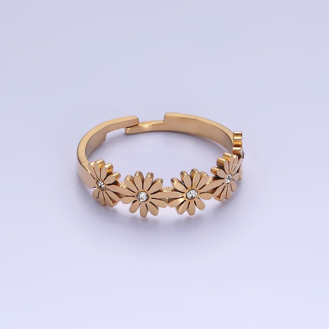 Daisy Flower Chain Design Ring With Clear CZ Cubic Zirconia, Open ...