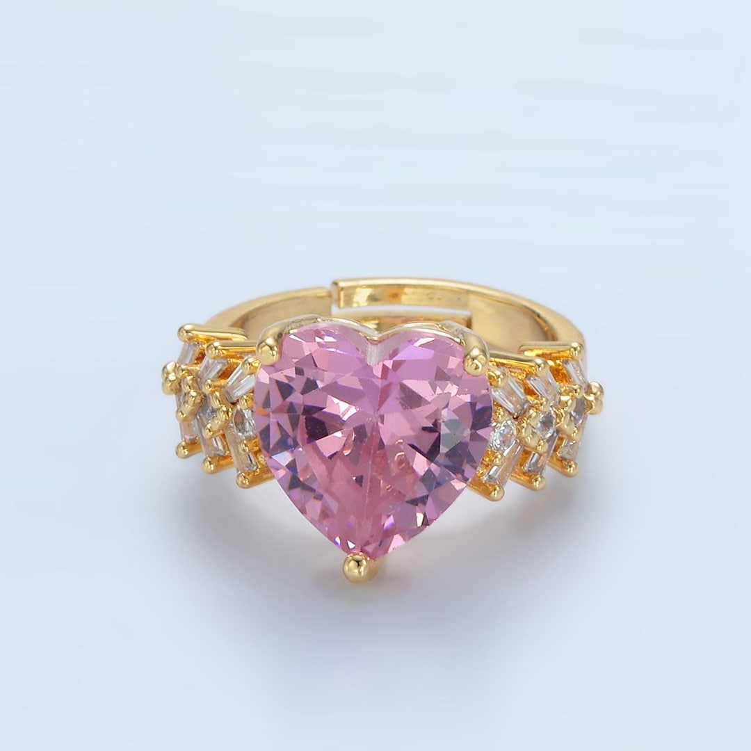 Pink Heart Gemstone Stack Ring, CZ Cubic Zirconia, Large 24K Gold ...