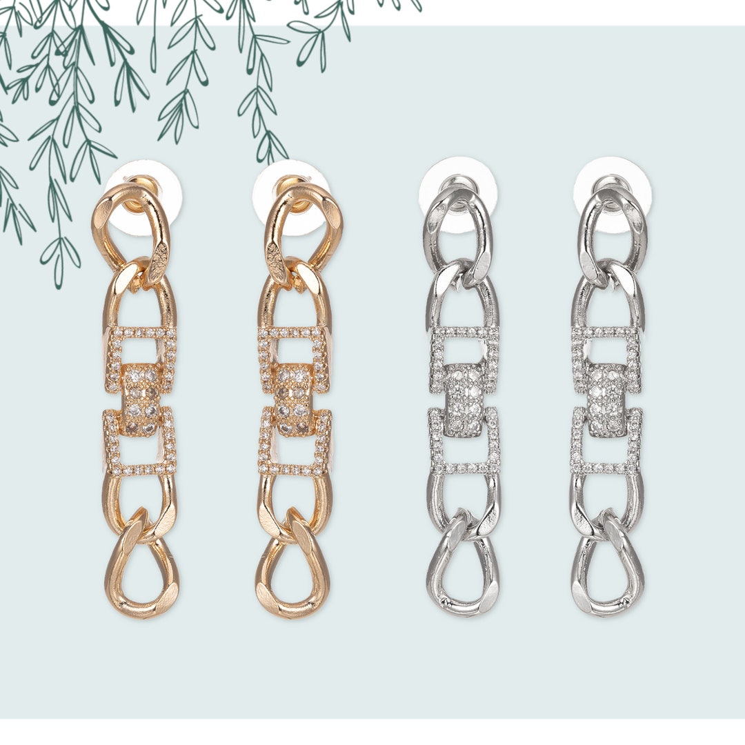 Long Chain Link Design Dangle Drop Stud Earrings With Micro - Etsy