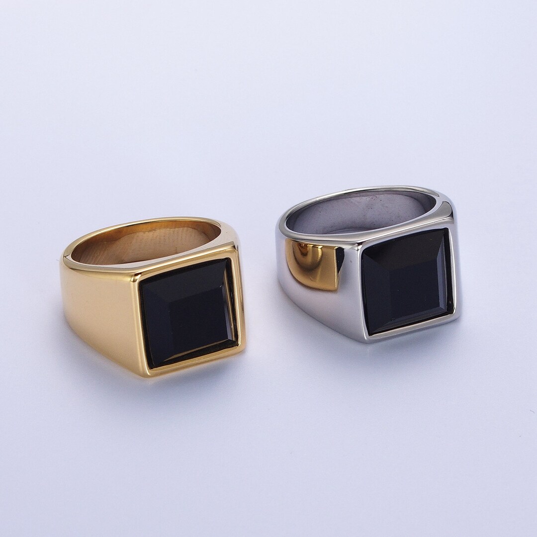 Square Gemstone Ring, Gold or Silver, Polished Black CZ Cubic Zirconia ...