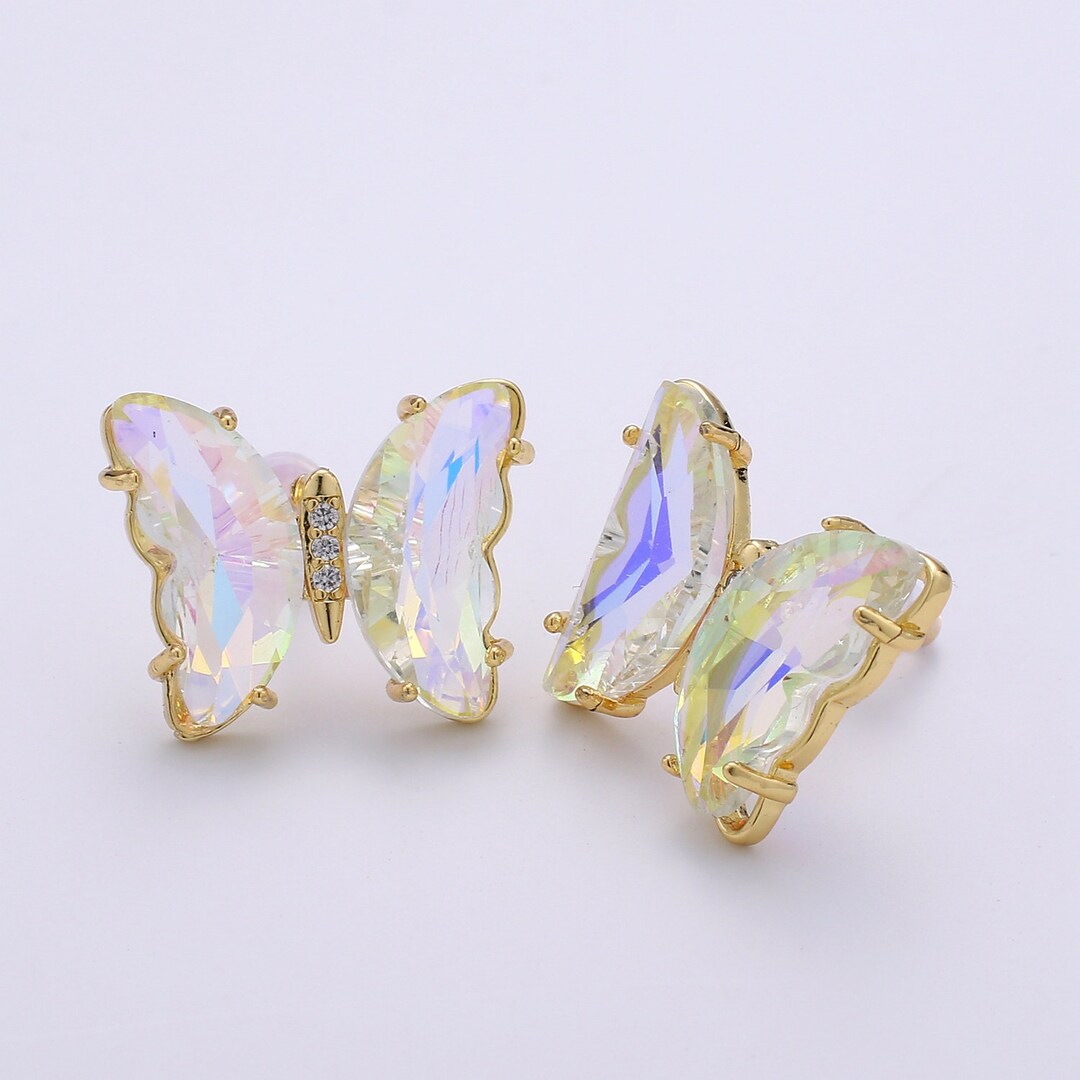 Butterfly Design Stud Earrings With Iridescent Clear CZ Cubic Zirconia Wings, Gold Plated Nature ...