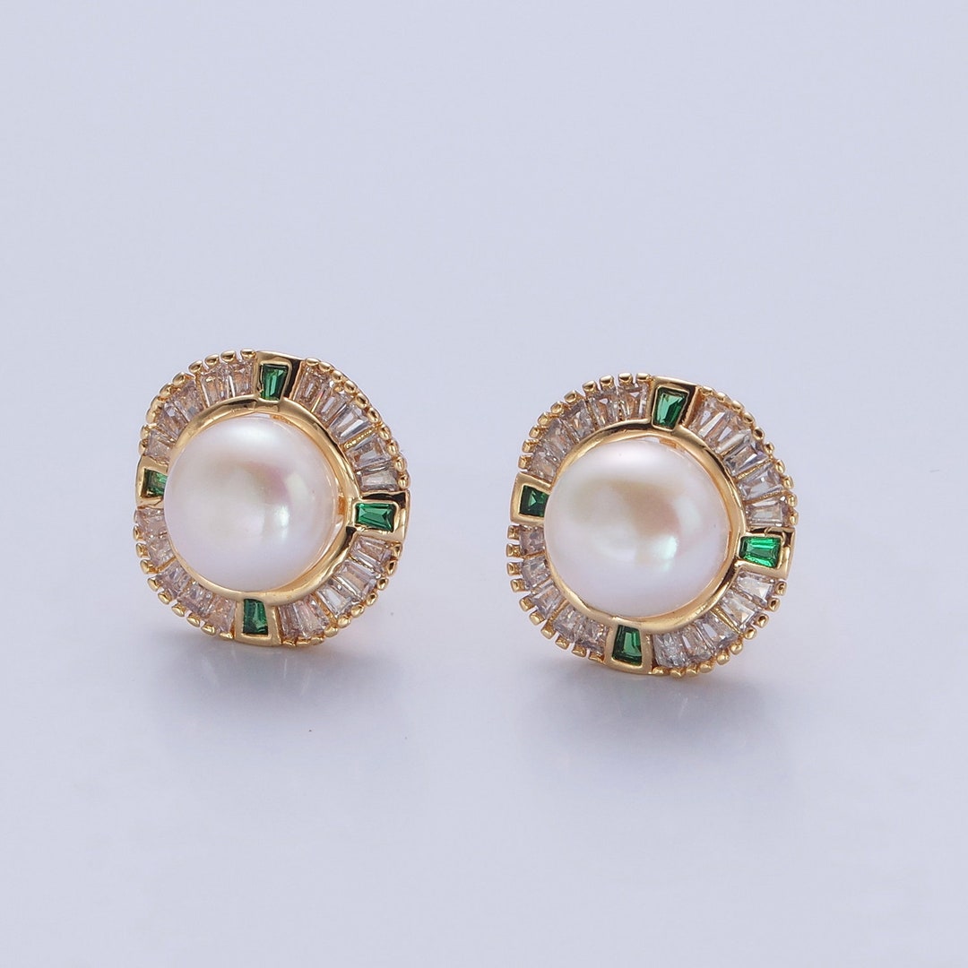 White Shell Pearl With Rim Stud Earrings, Green and Clear Baguette Cut ...