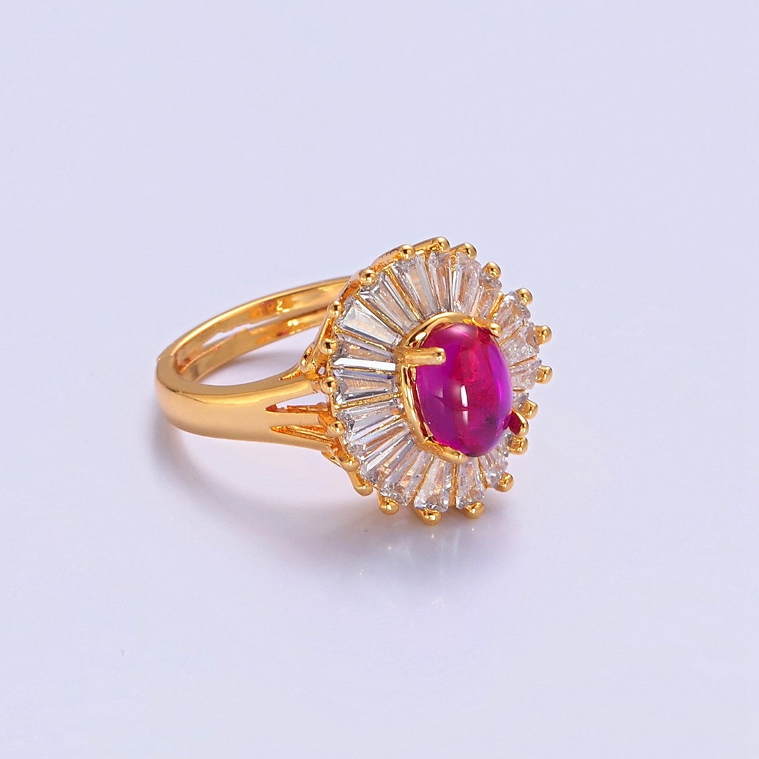 Fuchsia Pink Jade Oval Gemstone Stack Ring, Clear CZ Cubic Zirconia Sun ...