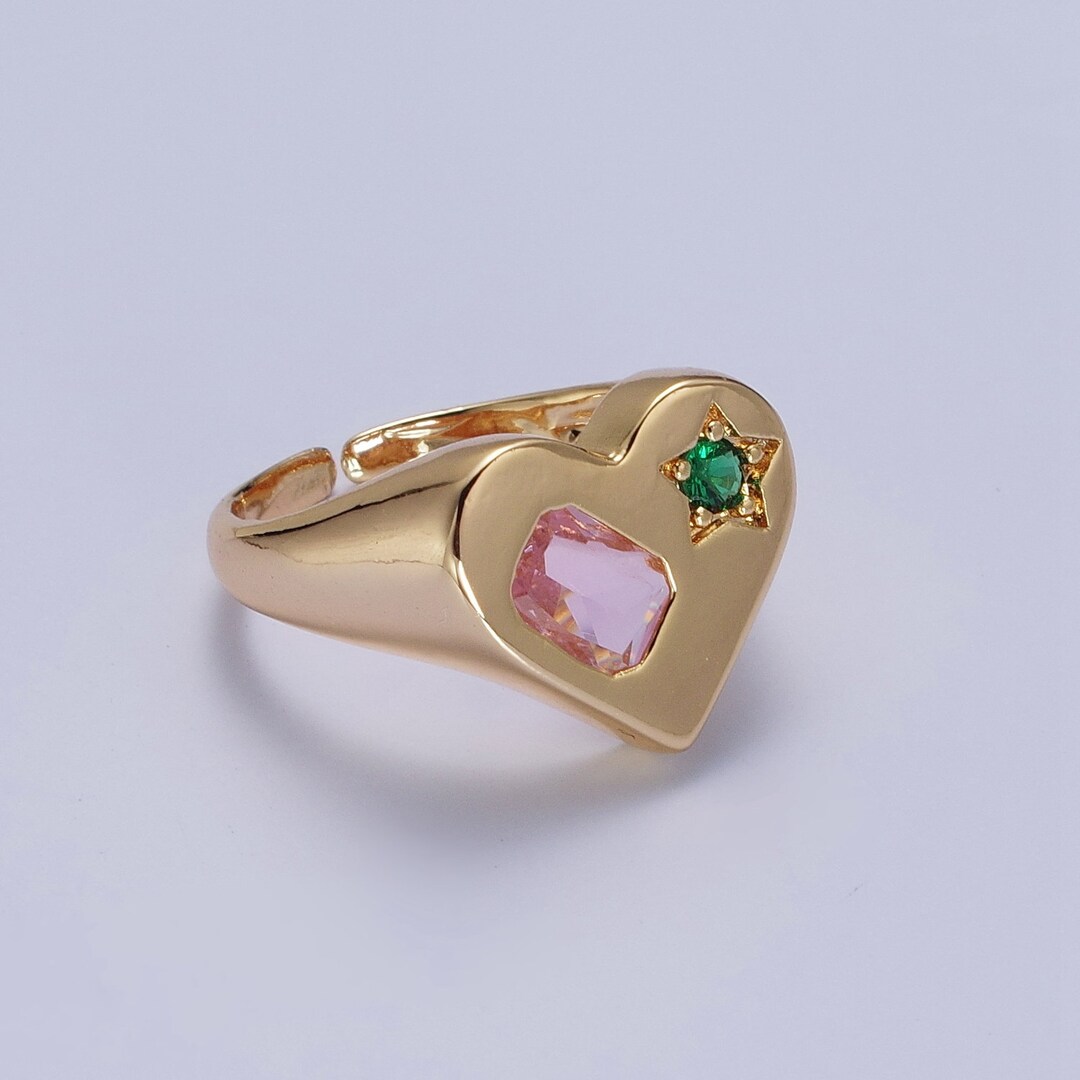 Heart Signet Ring With Set CZ Cubic Zirconia, Baguette Cut Pink ...