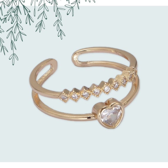 Double Band Diamond Pattern and Heart Design Stack Ring With - Etsy