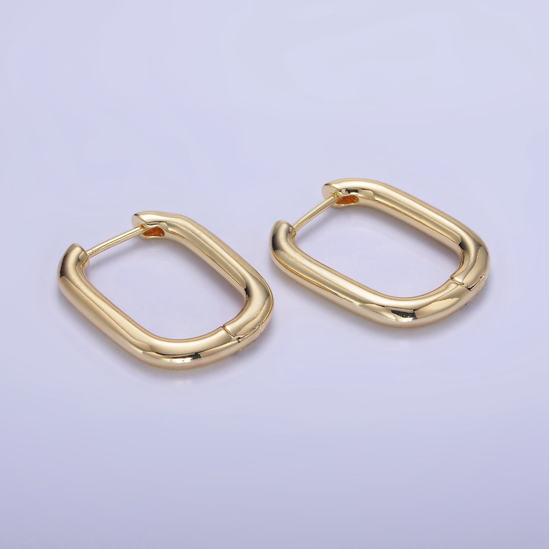 Gold Rounded Rectangular Design Hoop Earrings, Minimalistic 14K Gold ...