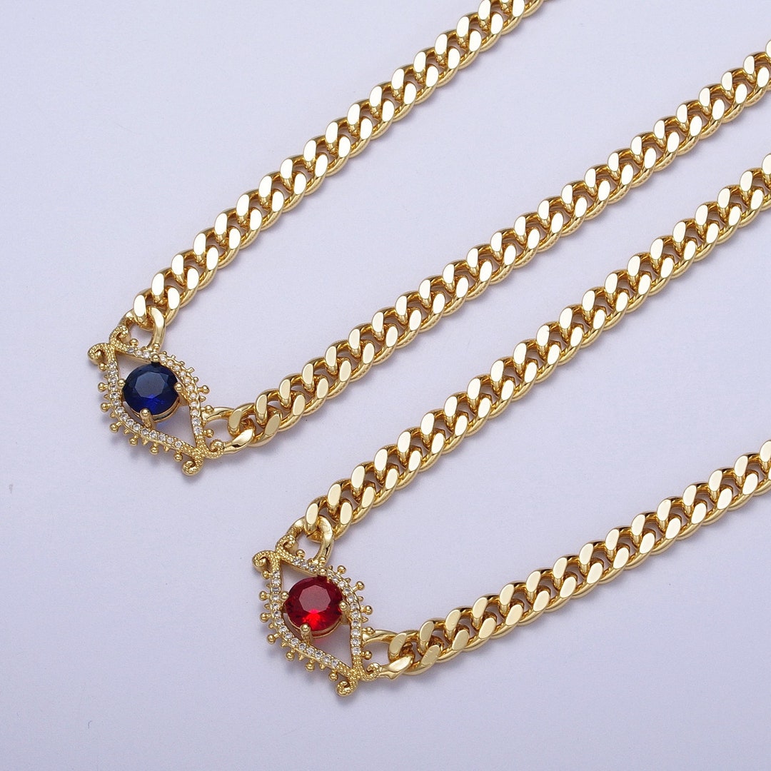 Red or Blue Evil Eye of Ra Curb Chain Necklace for Jewelry Making, Gold ...