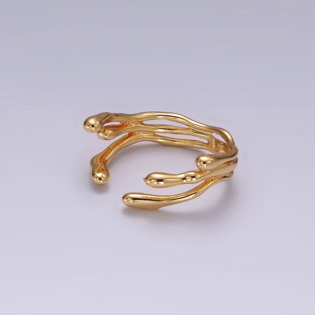 Molten Drip Design Stack Ring, Triple Band Open Adjustable 14K Gold ...