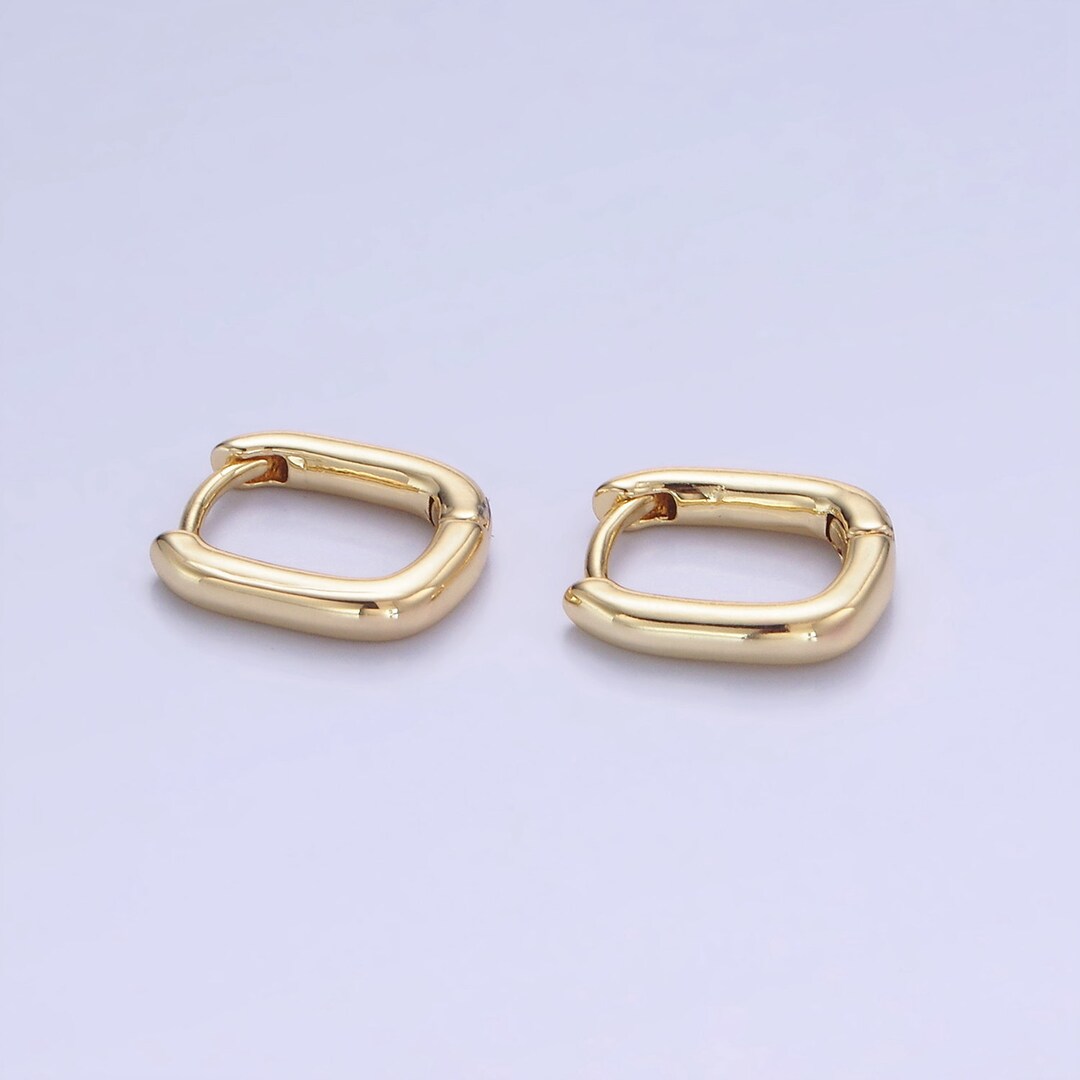 Rounded Rectangular Huggie Hoop Earrings, Dainty Geometric 14K Gold ...