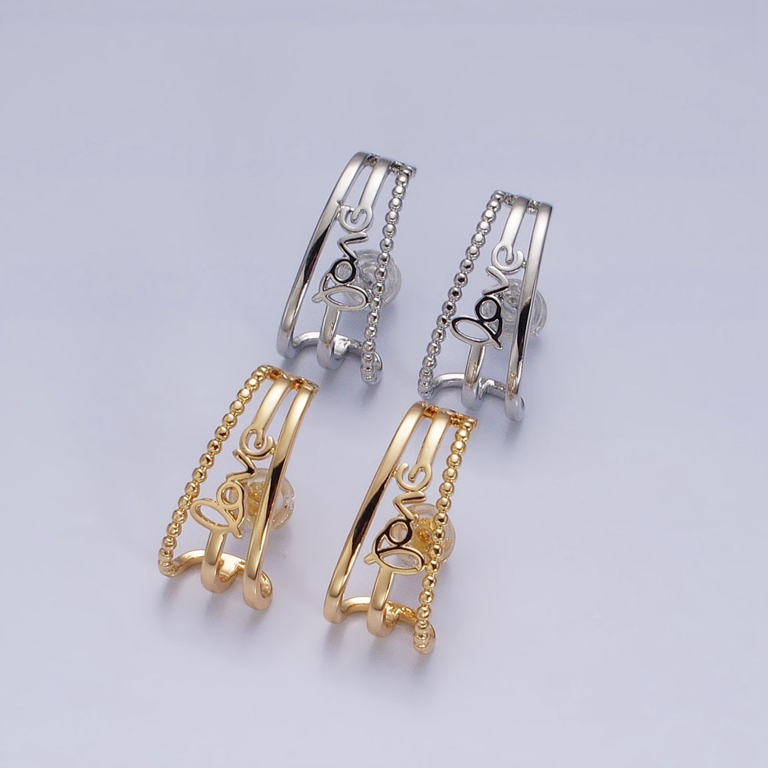 Cursive love Text Design Triple Band Suspender Wrap Stud Earrings, Gold or Silver, 16K or White ...