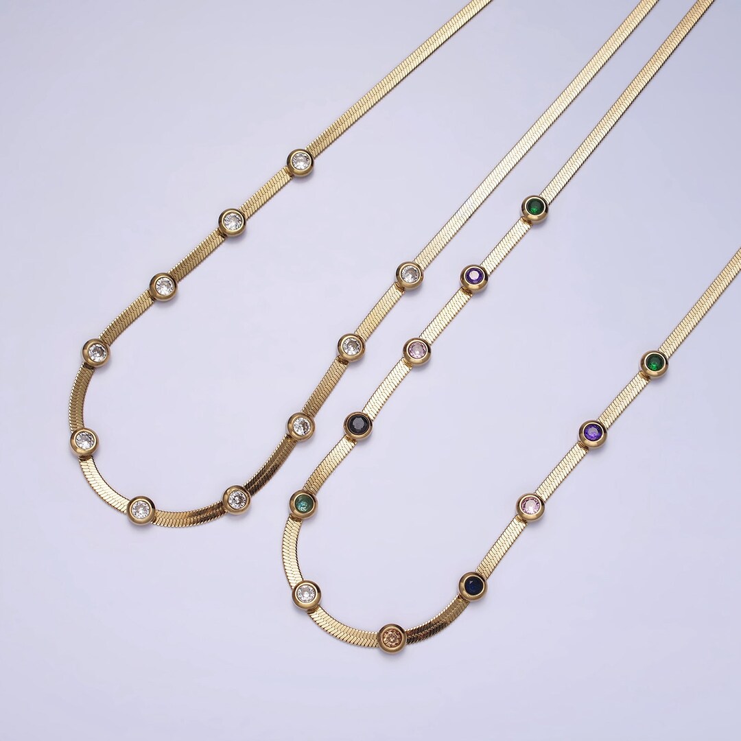 Herringbone Chain Stack Necklace With Clear or Multicolor CZ Cubic ...
