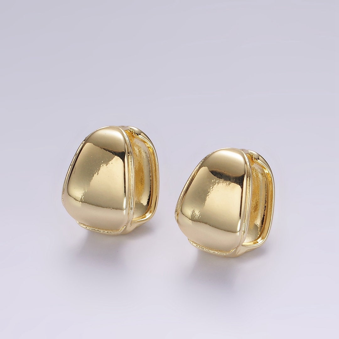 Gold Rounded Square Box Design Hoop Earrings, Thick Geometric 14K Gold ...