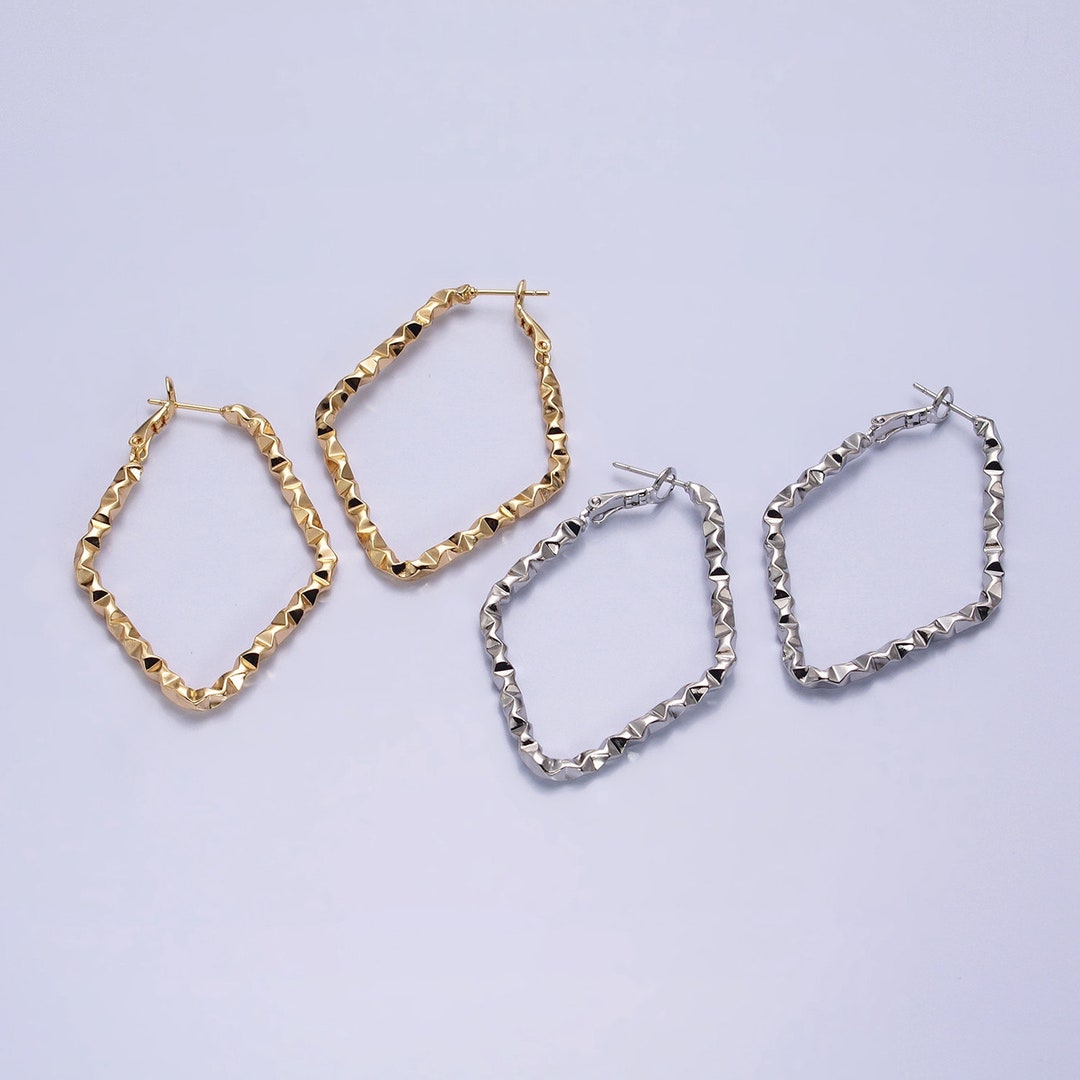 3D Zigzag Indent Pattern Diamond Shaped Hoop Earrings, Gold or Silver ...