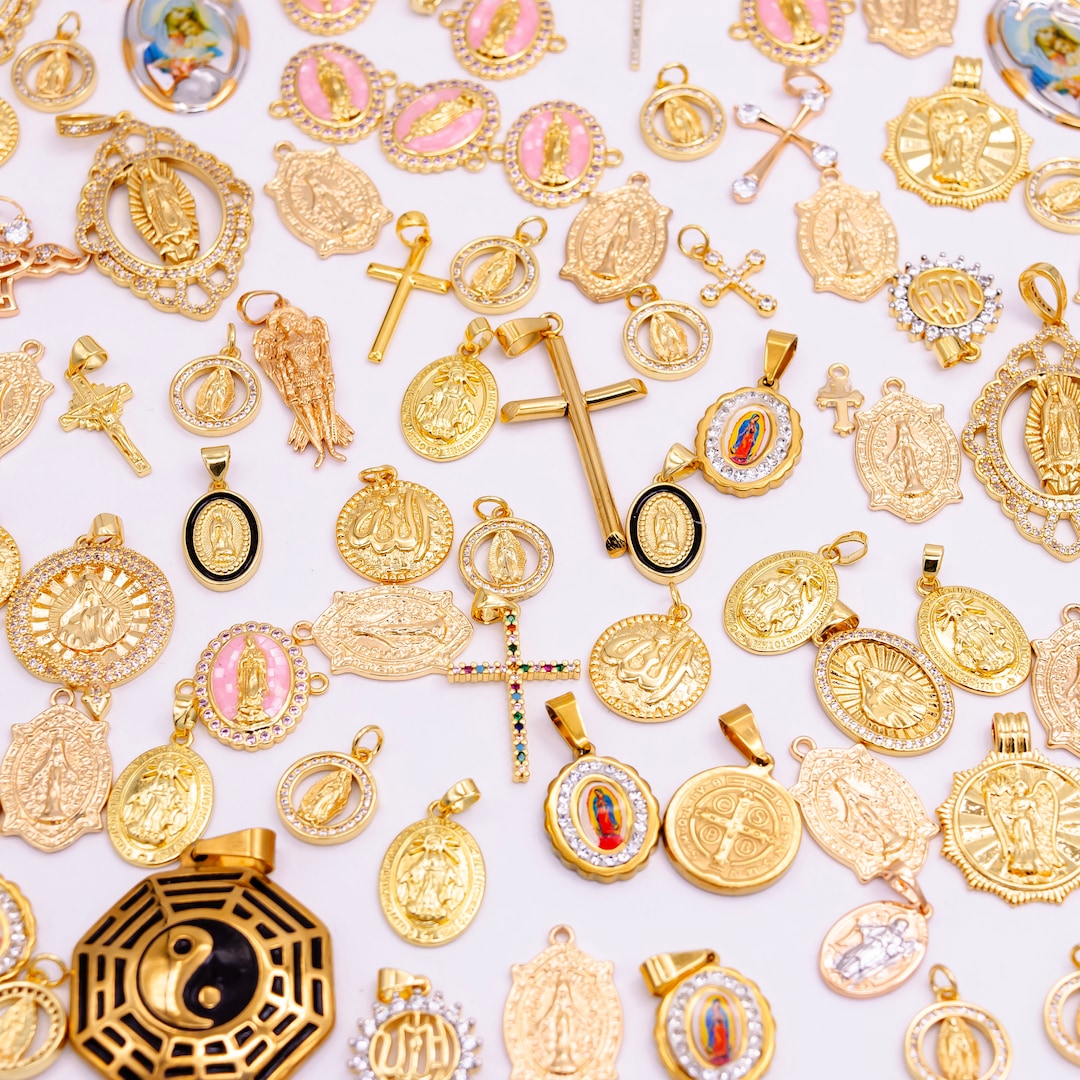 Sample Sale Mix Gold RELIGIOUS Charm Dainty Cross Saint Charms CZ Stone ...