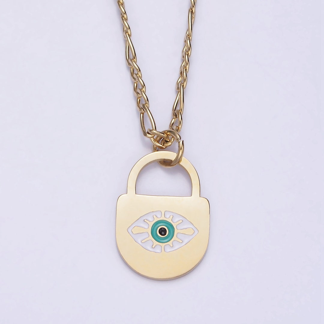Teal Blue and White Enamel Evil Eye Padlock Charm on 14K Gold Tone ...