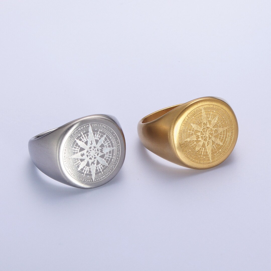 Compass Design Signet Ring, Gold or Silver, Thick Stainless Steel ...