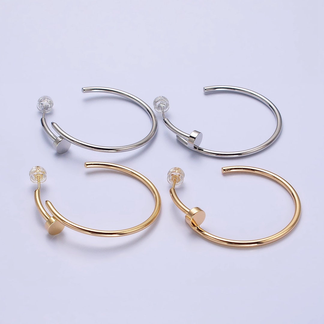 Curled Nail Design Open Hoop Stud Earrings, Gold or Silver, Large ...