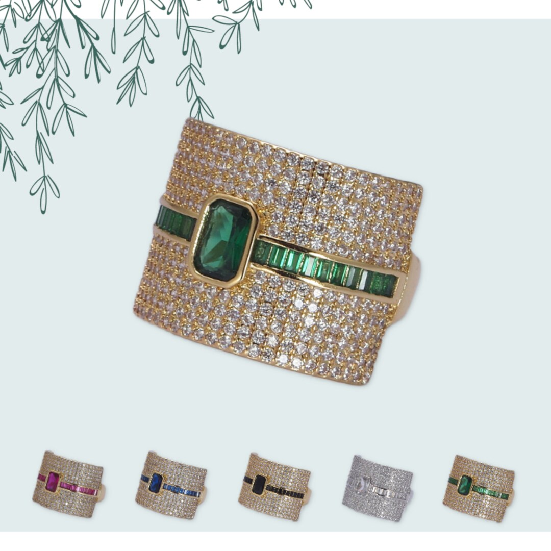 Colored Stripe and Gemstone Stack Ring, Micro Pave CZ Cubic Zirconia ...