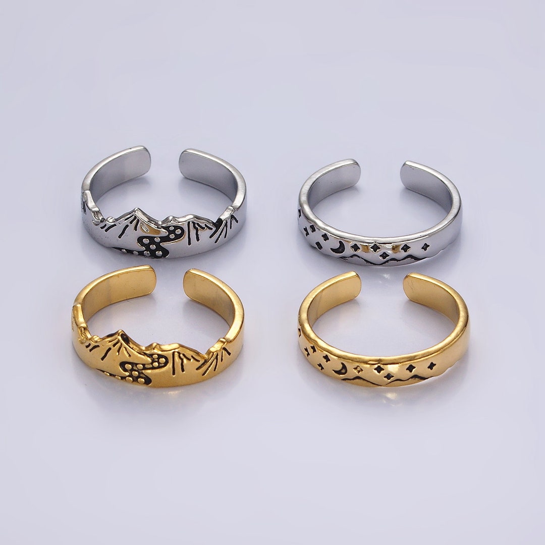His and Hers Earth and Sky Rings Set, Gold or Silver, Mountains and Stars, Open Adjustable 14K ...