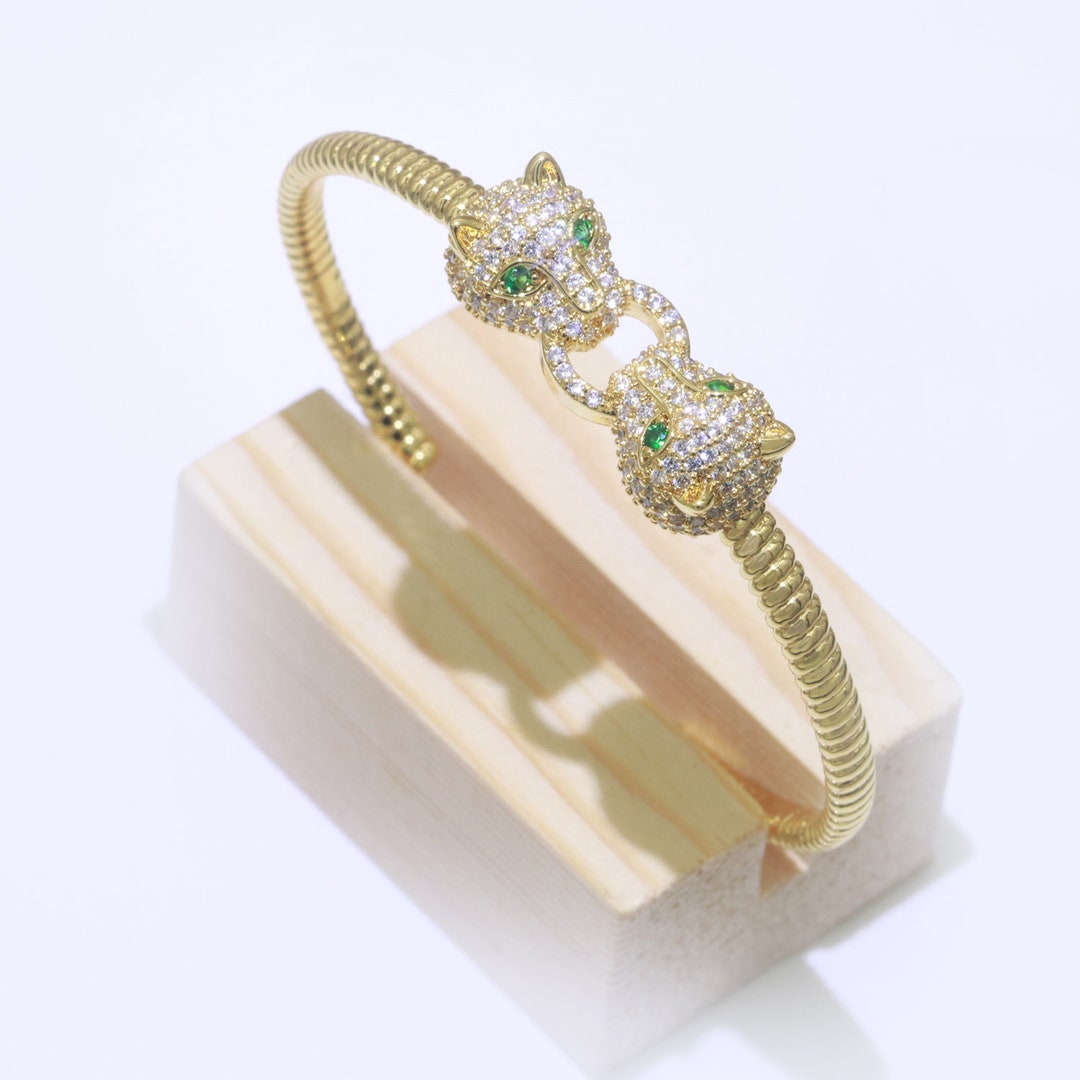 Leopard Heads Biting Ring Design Cuff Bracelet With Micro Pave CZ Cubic ...