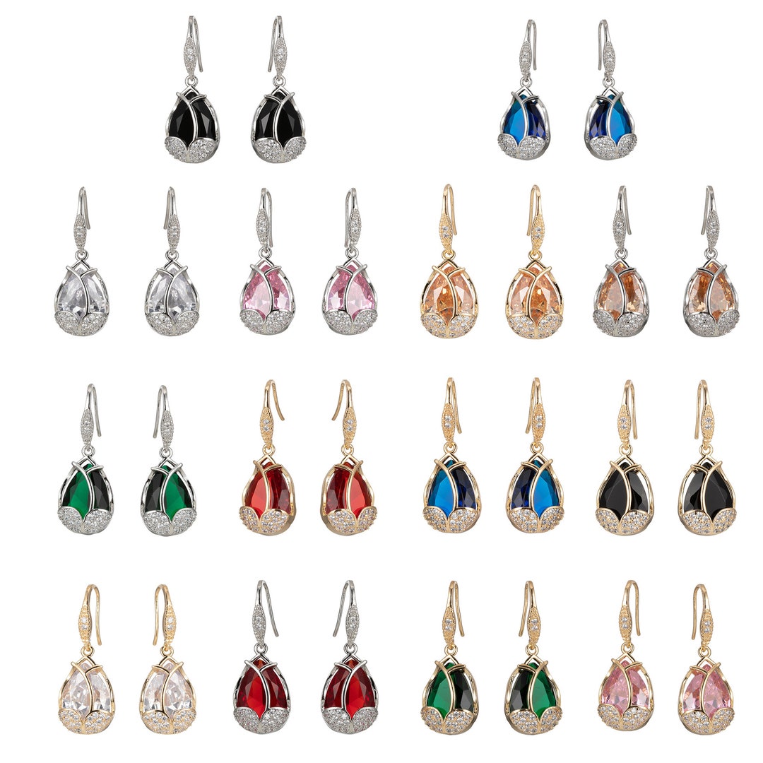 Colored Teardrop Crystal Dangle Drop Earrings With Micro Pave CZ Cubic ...