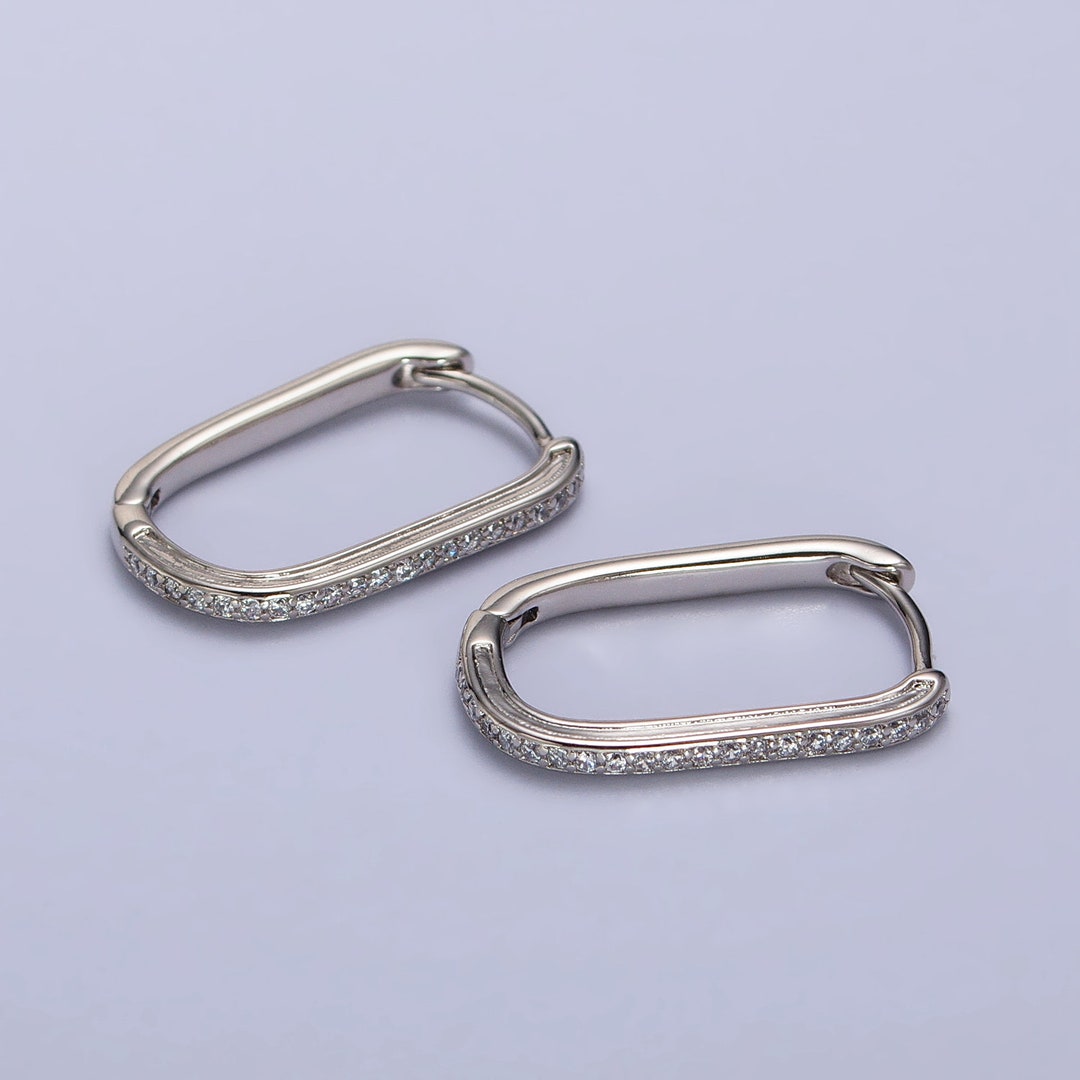 Silver U-shaped Rounded Rectangular Hoop Earrings, Clear Micro Pave CZ ...