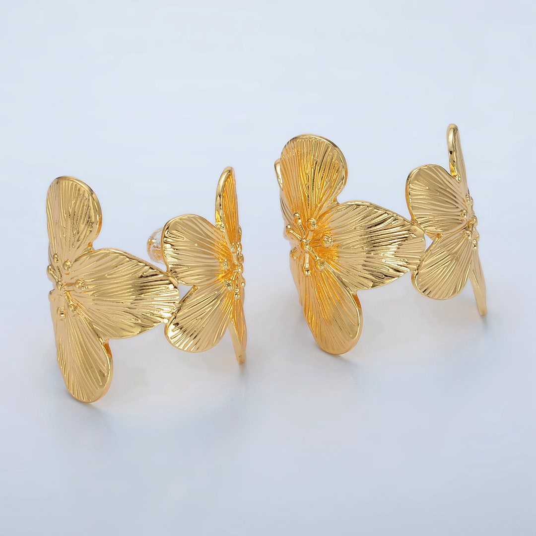 24K Gold Filled Striped Textured Flower Design Open Hoop Stud Earrings ...