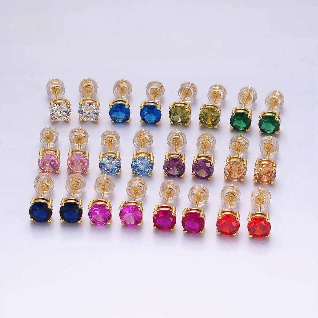 Birth Month Crystal Gemstone Design Stud Earrings, Colored Round Cut CZ ...