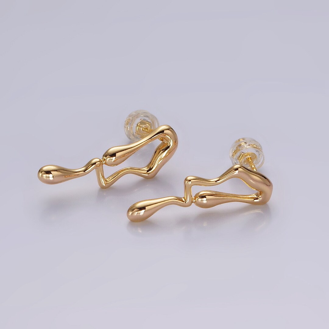 Gold Abstract Molten Drip Design Stud Earrings, Dainty Minimalistic 14K ...