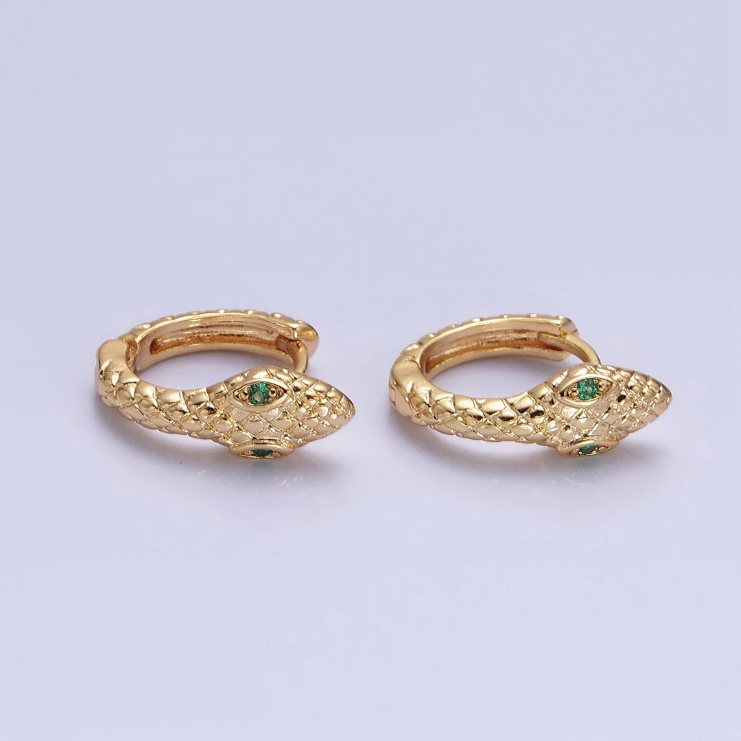 Gold Snake Head Design Huggie Hoop Earrings, Green CZ Cubic Zirconia ...