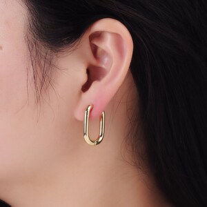 Gold Rounded Rectangular Design Hoop Earrings, Minimalistic 14K Gold ...