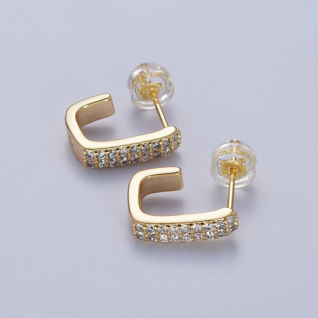 Rounded Rectangular Open Huggie Hoop Stud Earrings With Clear Micro ...