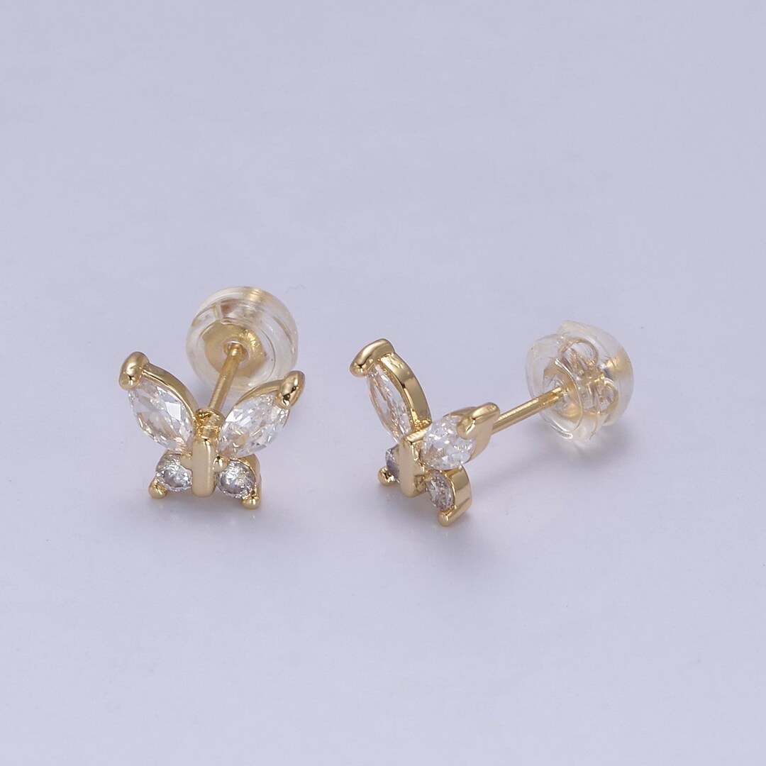 Butterfly Design Stud Earrings, Clear CZ Cubic Zirconia, Dainty 14K Gold Filled Nature Earrings ...