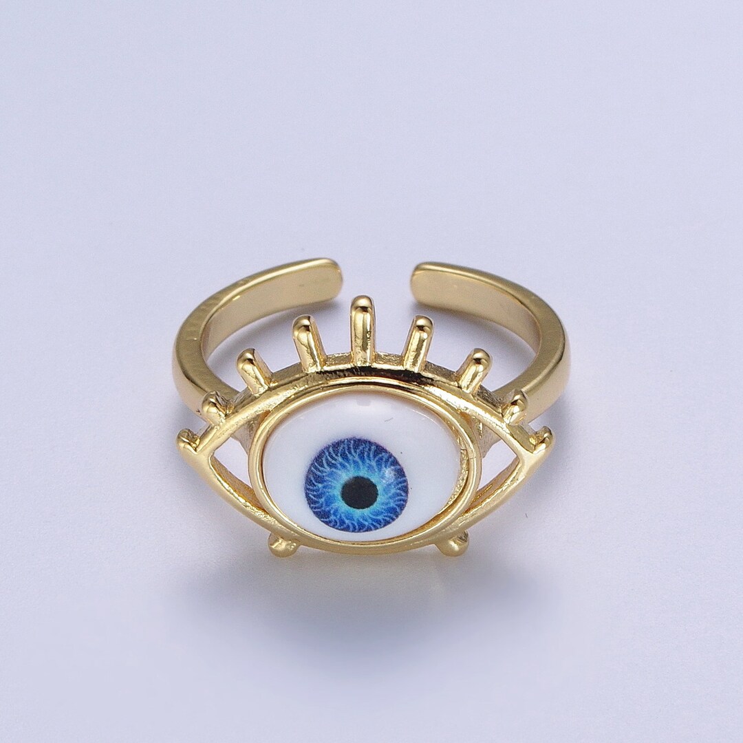 Evil Eye Design Stack Ring, Blue and White Enamel, Eyelashes Rim, Open ...